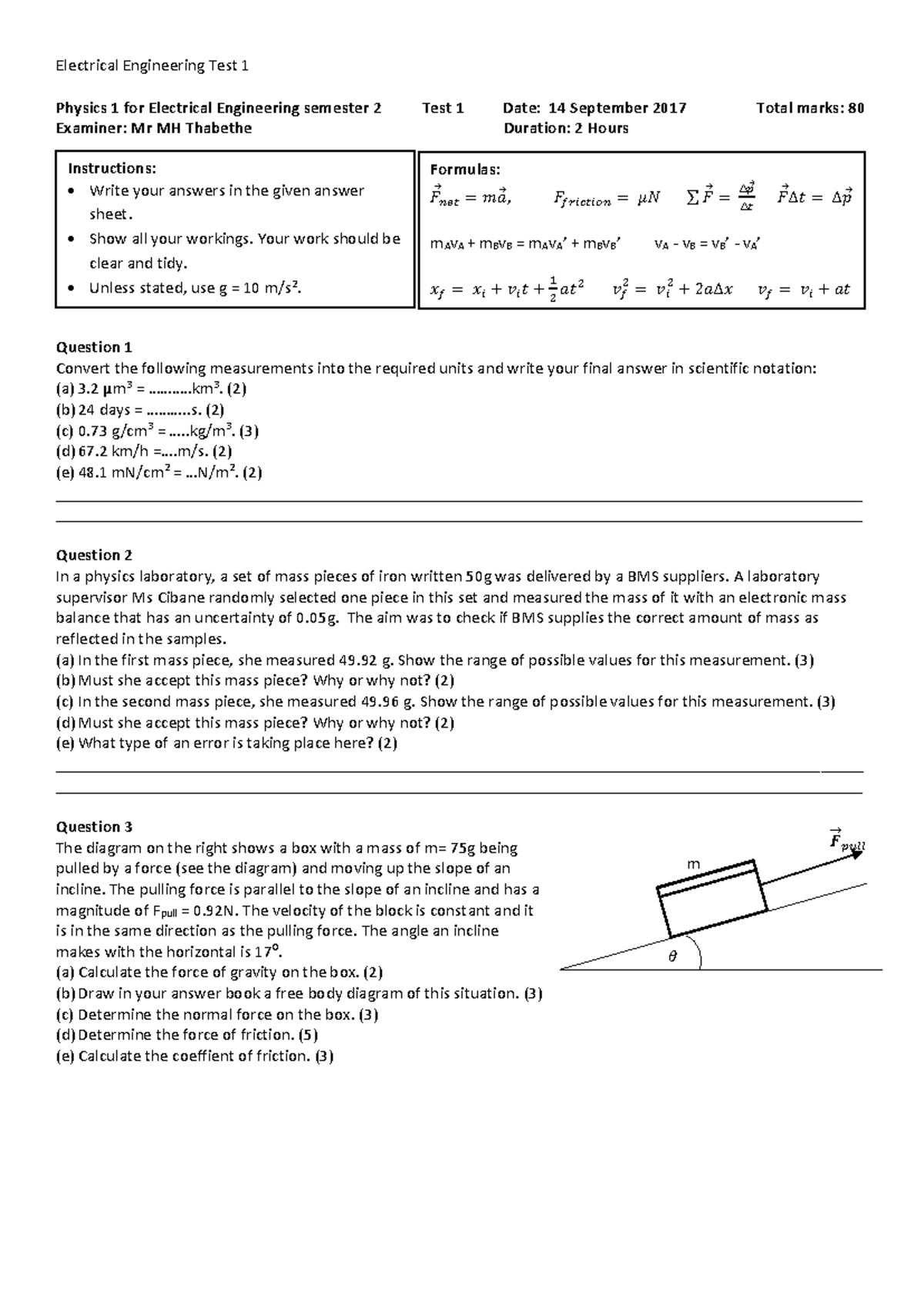 2017 Semester 2 Test 1 - Electrical Engineering Test 1 Physics 1 for ...
