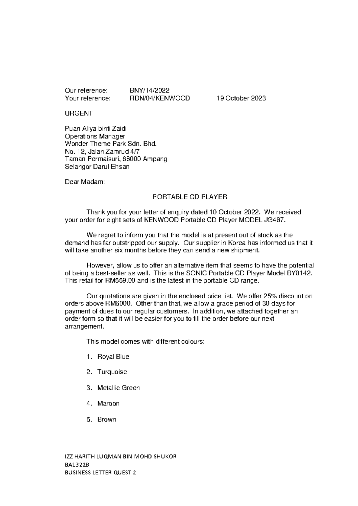 Quest 2 - IZZ HARITH LUQMAN BIN MOHD SHUKOR BA1322B BUSINESS LETTER ...