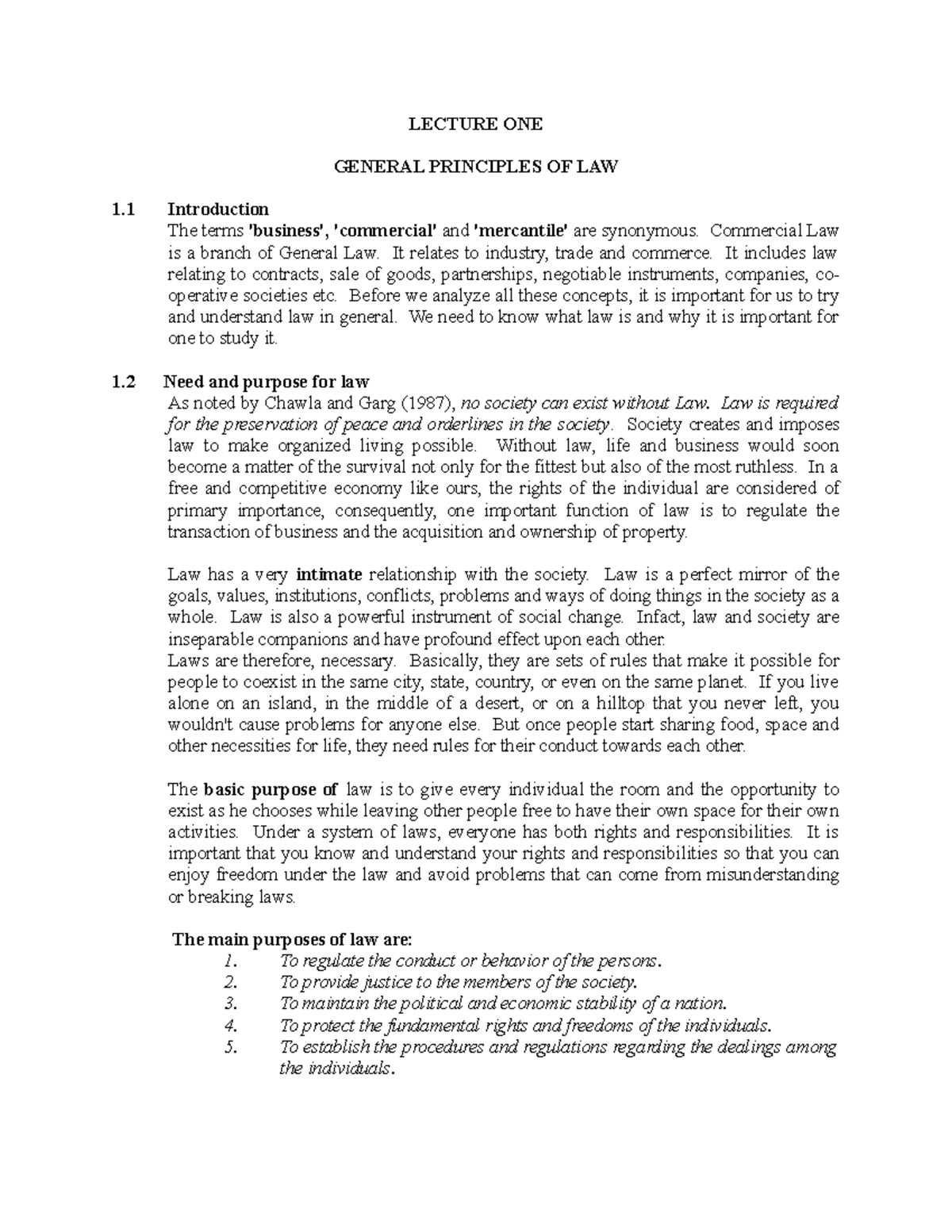 1. Lecture ONE - LECTURE ONE GENERAL PRINCIPLES OF LAW 1 Introduction ...