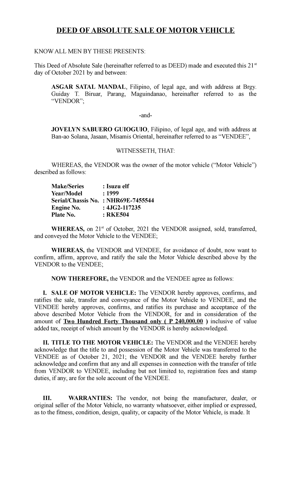 DEED OF Absolute SALE OF Motor Vehicle - DEED OF ABSOLUTE SALE OF MOTOR ...