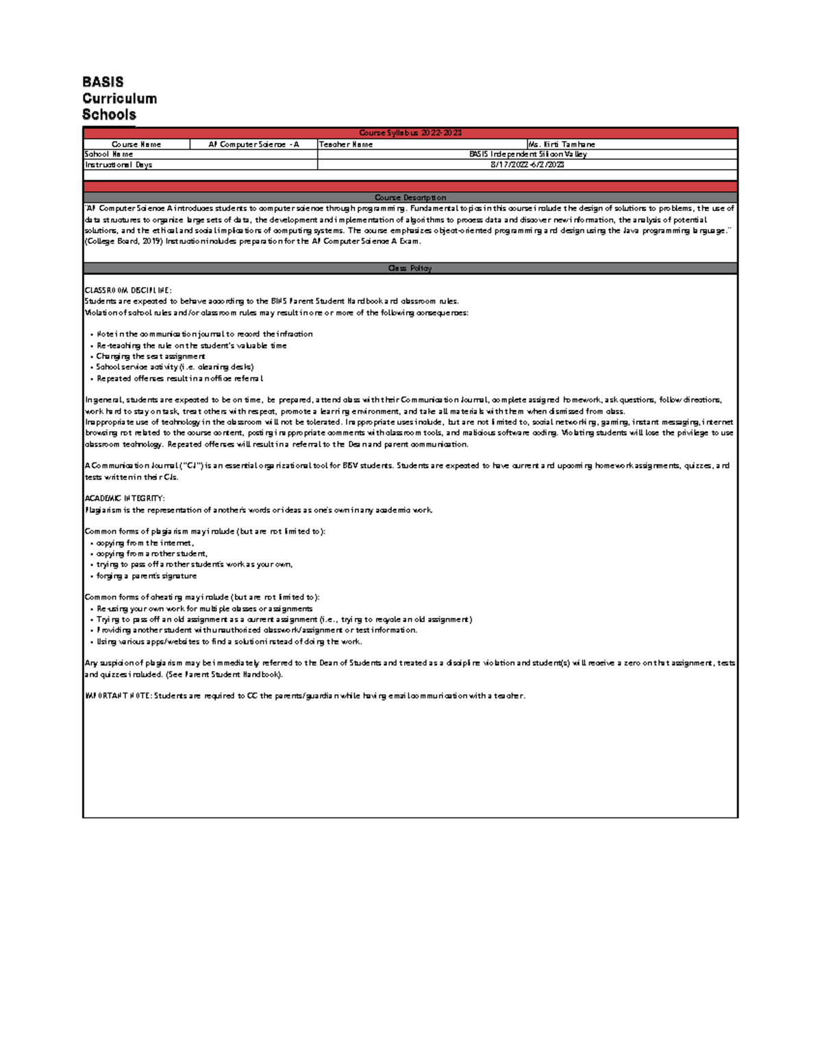 2022-23 Syllabus - AP Computer Science A - Ms Tamhane - Teacher Name Ms ...