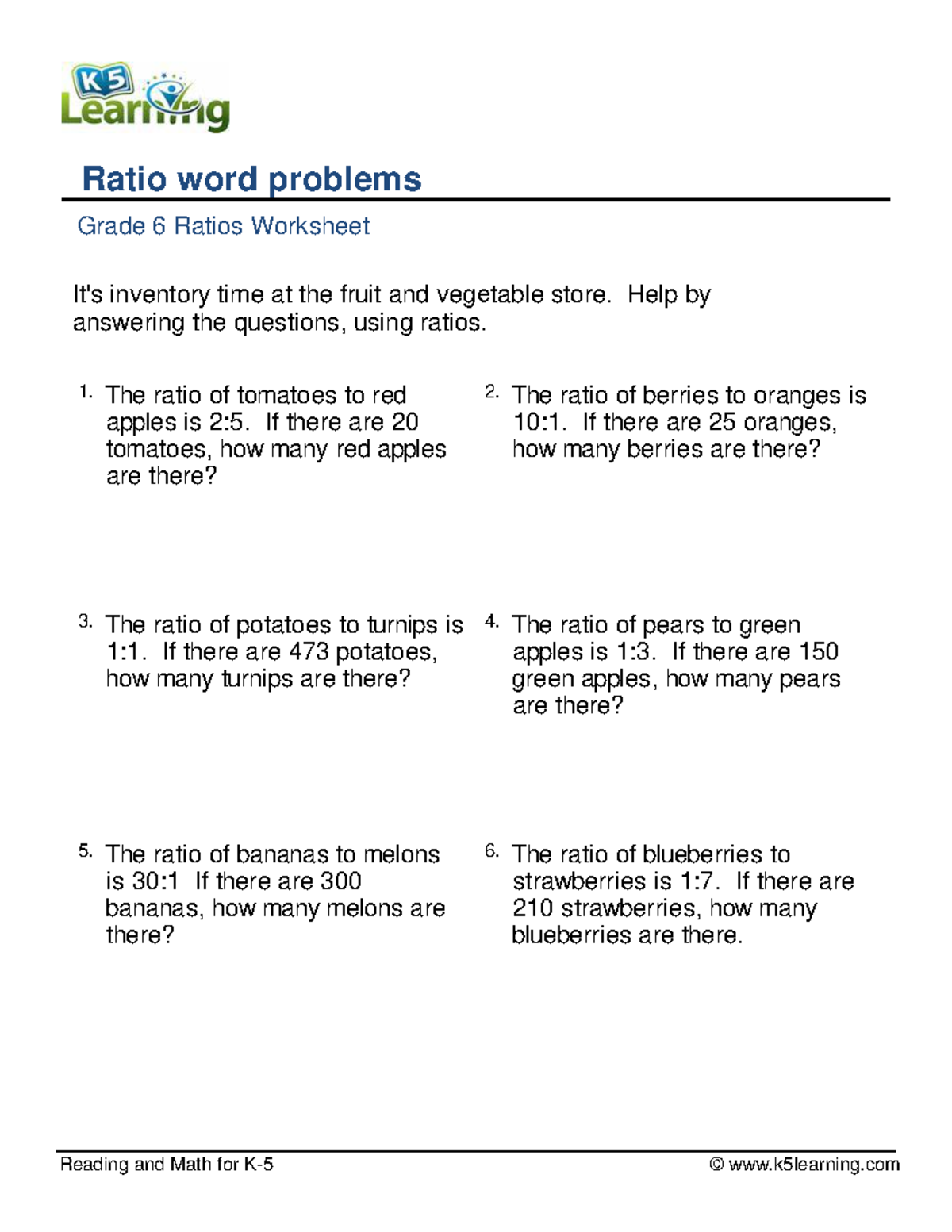 Ratio word problems workssheet - Reading and Math for K-5 © k5learning ...