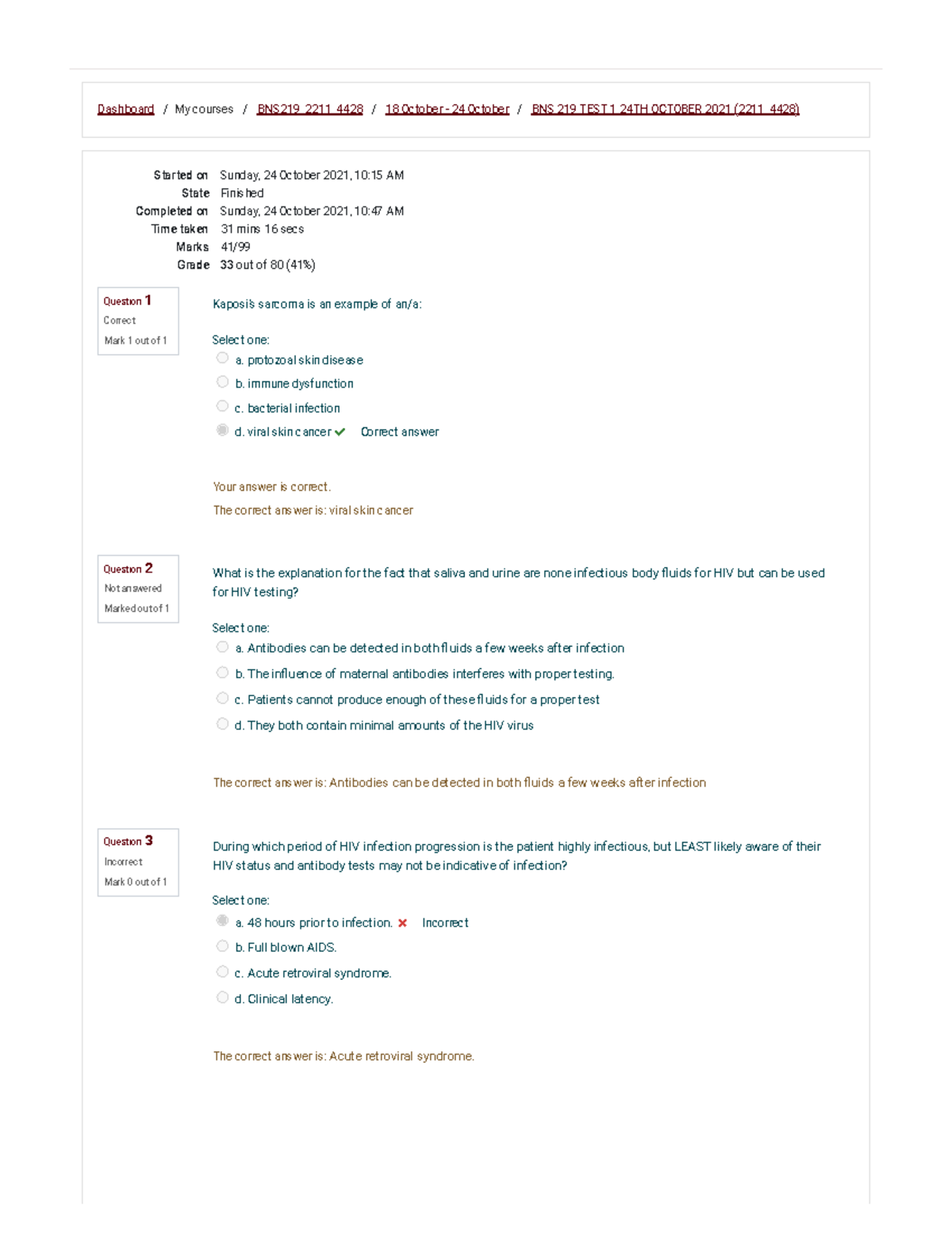 BNS 219 TEST 1 24TH October 2021 (2211 4428) Attempt review - Dashboard ...