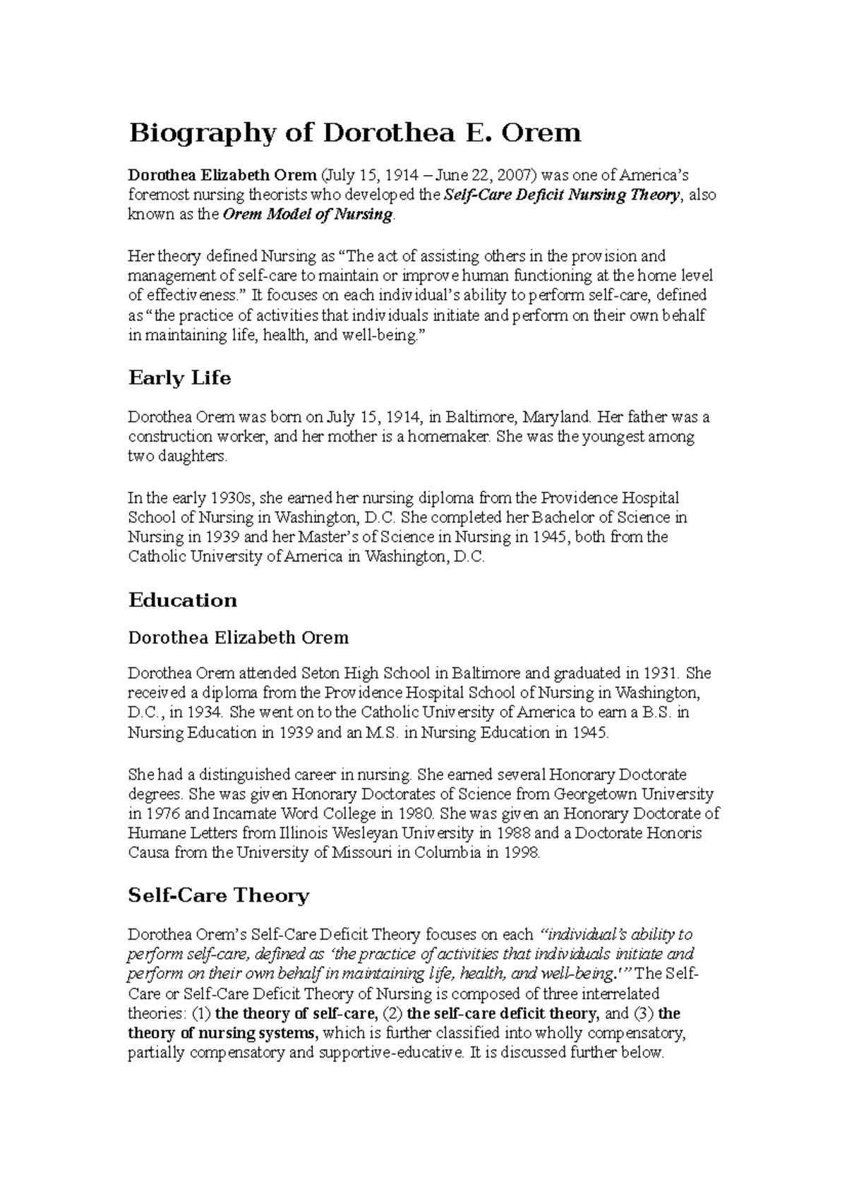 Biography of Dorothea E - Orem Dorothea Elizabeth Orem (July 15, 1914 ...