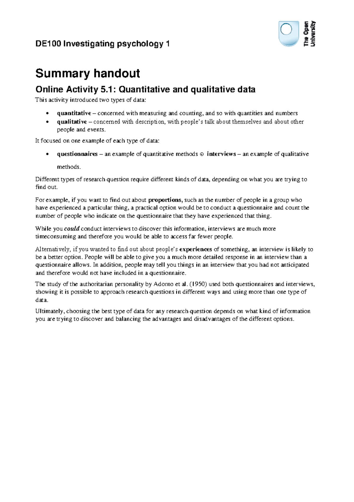 Online Activity 5.1 Handout - DE100 Investigating psychology 1 Summary ...
