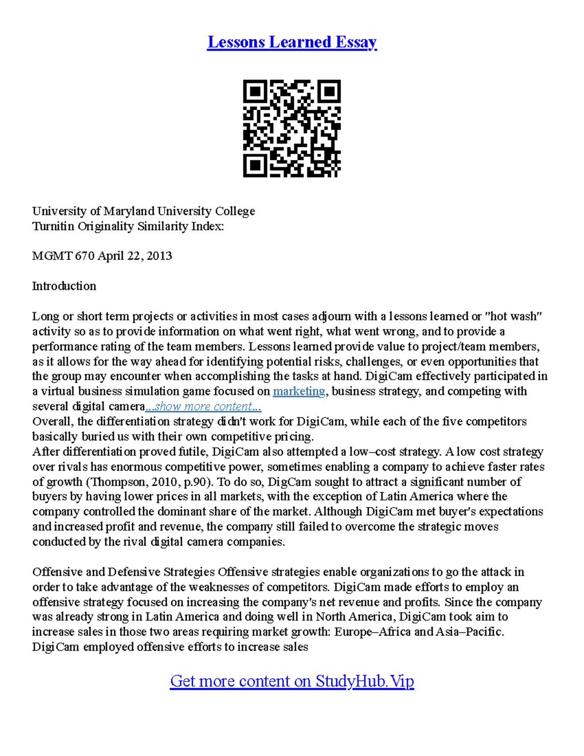 Lesson Learned Essay - Lessons Learned Essay University of Maryland ...