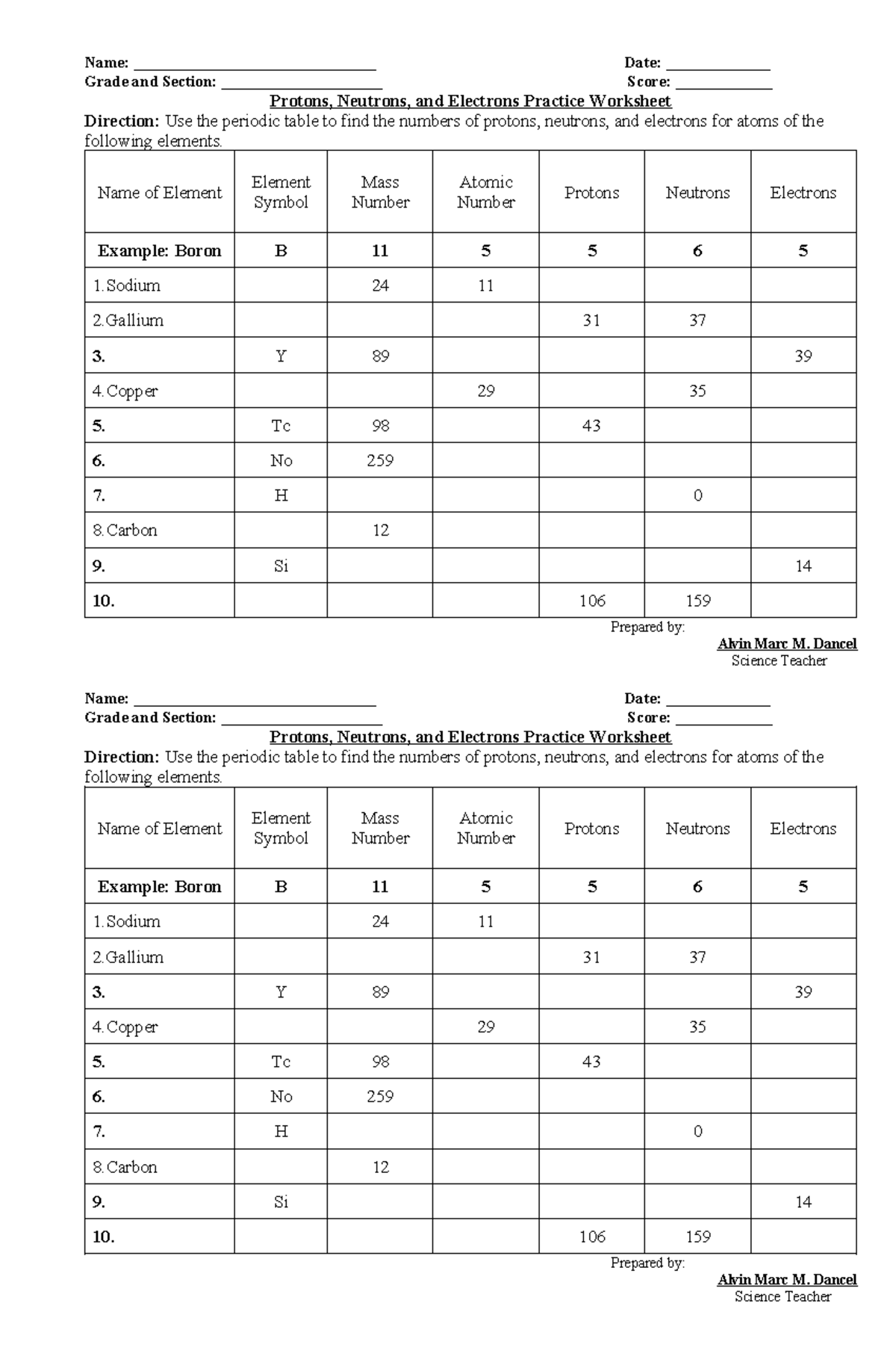 Protons neutrons and electrons practice ws - Name ...