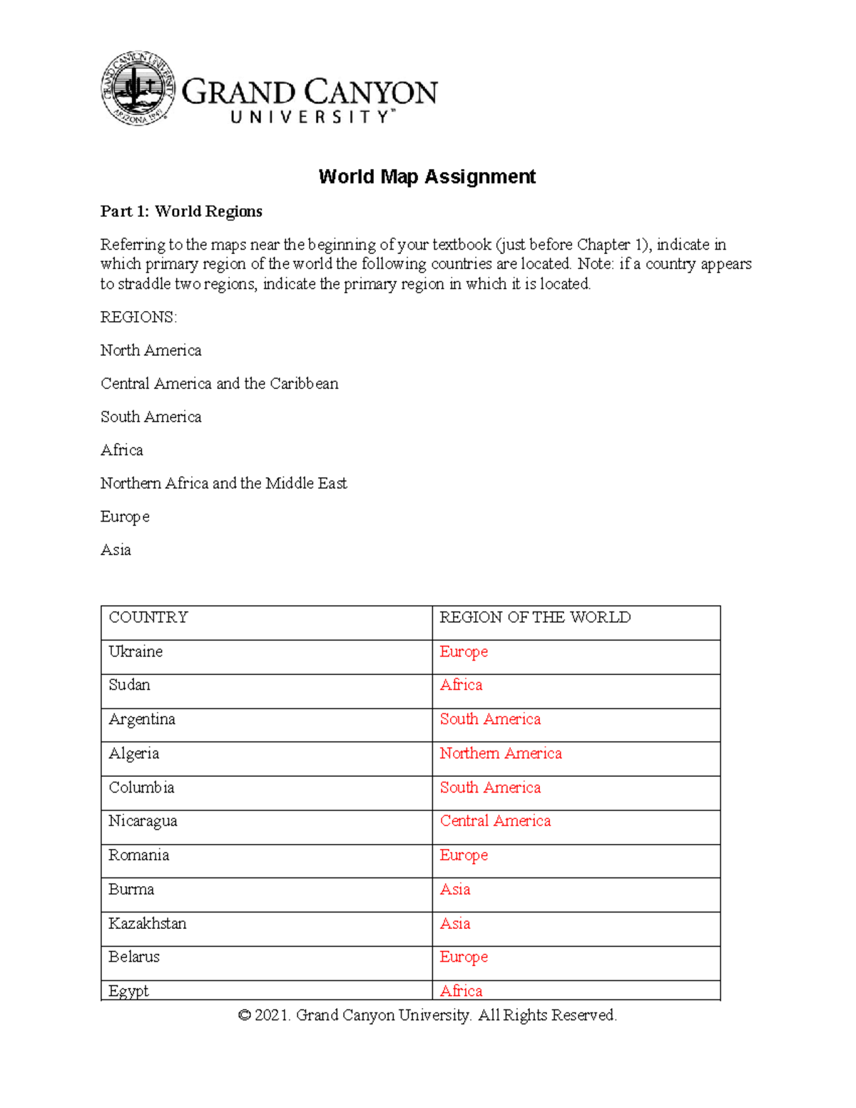 Map Worksheet - World Map Assignment Part 1: World Regions Referring to ...