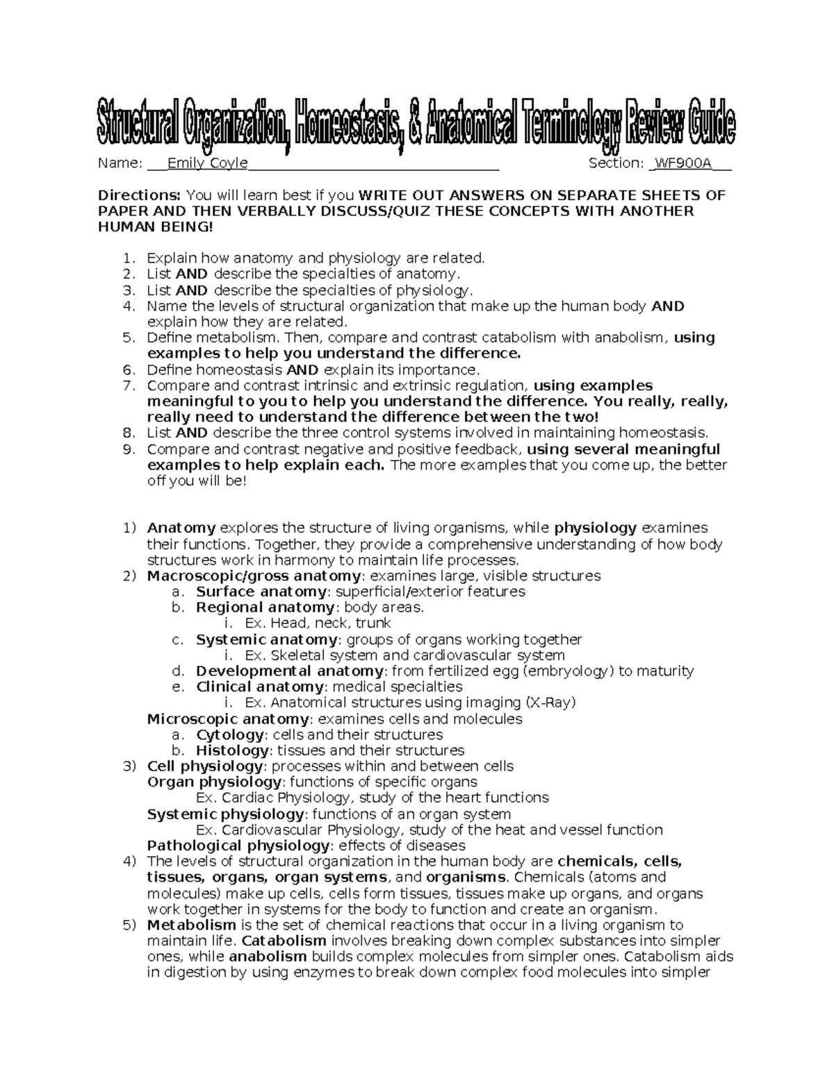 Topic 1 Anatomy, Physiology & Homeostasis Review Guide - Name: Emily ...