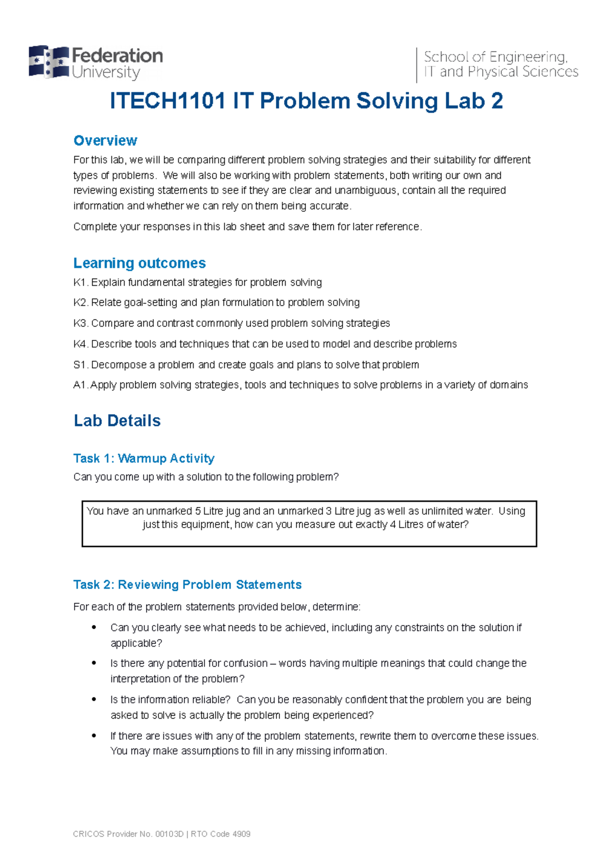 Itech 1101 Week 2 Lab - practice - ITECH1101 IT Problem Solving Lab 2 ...