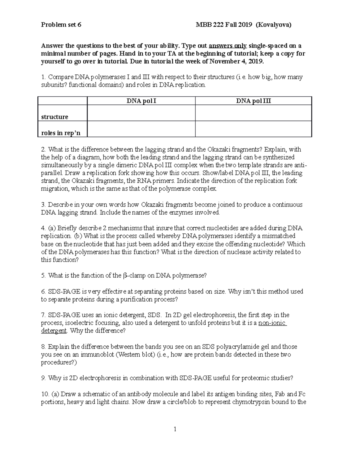 Problem set 6 - Practice Questions - Problem set 6 MBB 222 Fall 2019 ...