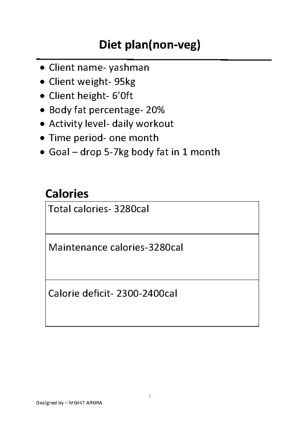 Diet plan 2 - 1 Diet plan(non-veg) • Client name- yashman • Client ...