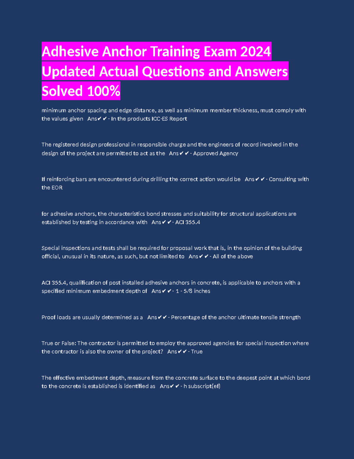 Adhesive Anchor Training Exam 2024 Updated Actual Questions and Answers Solved 100 - Special ...