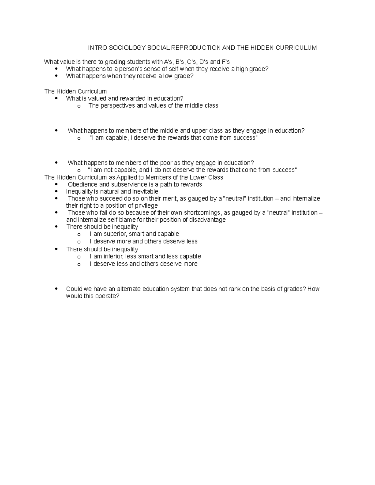 Intro Sociology Social Reproduction AND THE Hidden Curriculum - INTRO ...