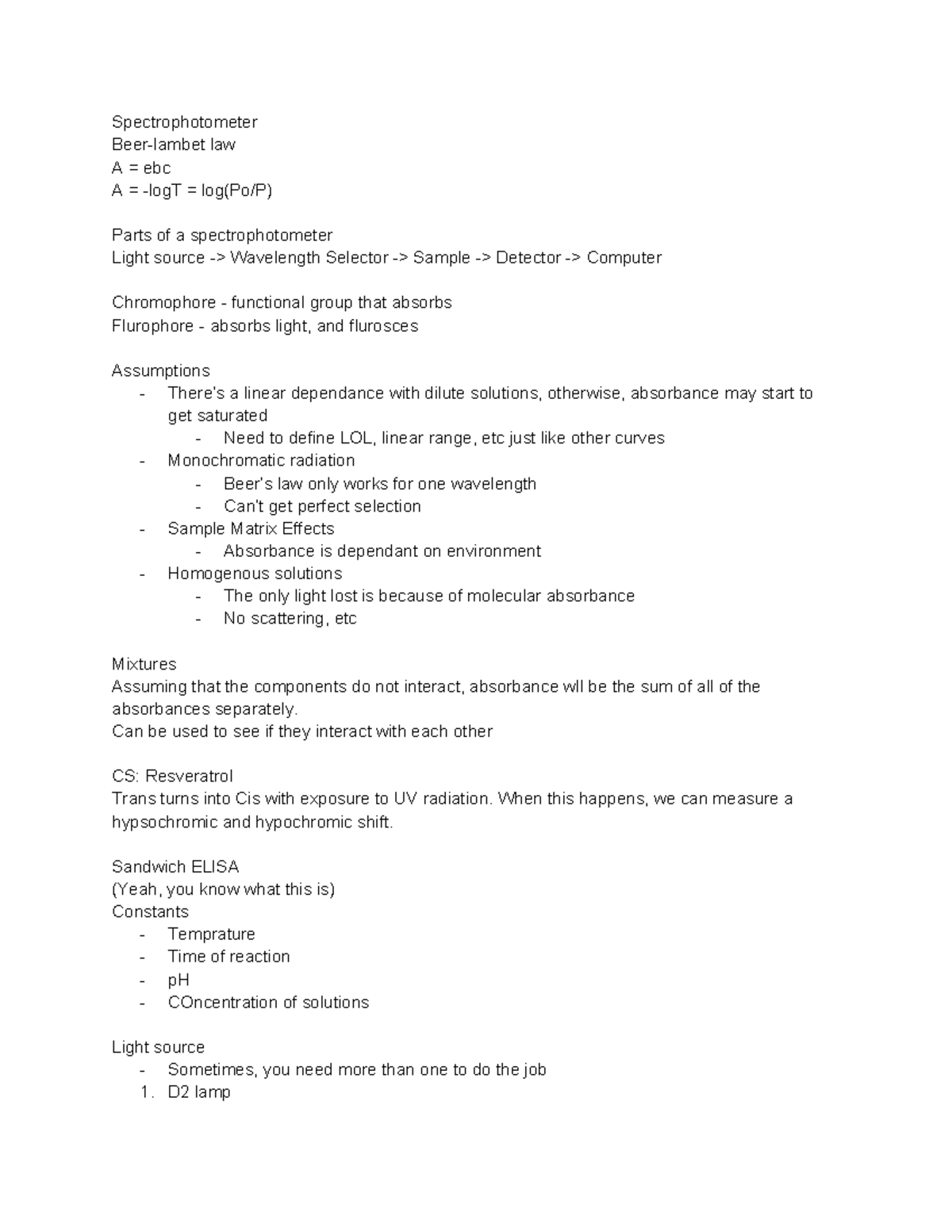 Chem 2A03 Notes - Spectrophotometer Beer-lambet law A = ebc A = -logT ...