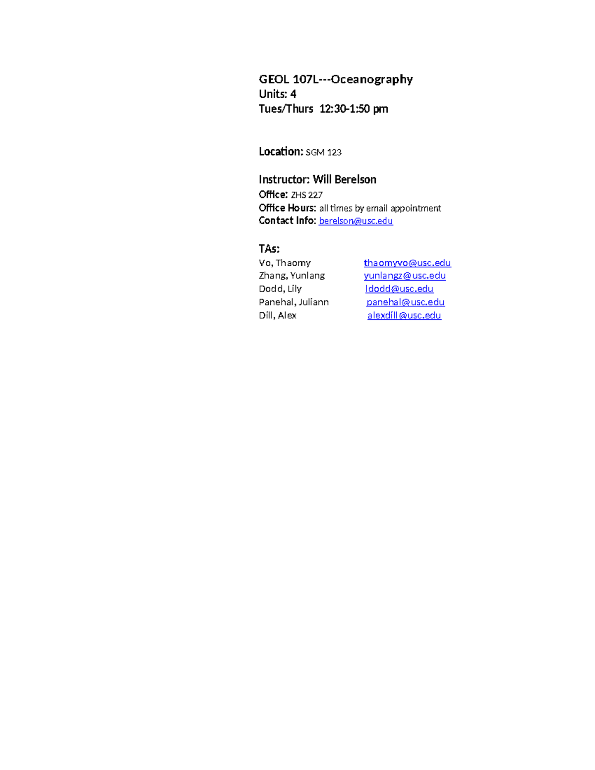 geol 107 syllabus - GEOL 107L-Oceanography Units: 4 Tues/Thurs 12:30-1: ...