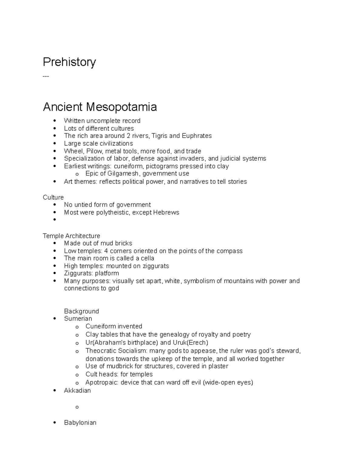 Notes Exam 1 - Prehistory - Ancient Mesopotamia Written uncomplete ...