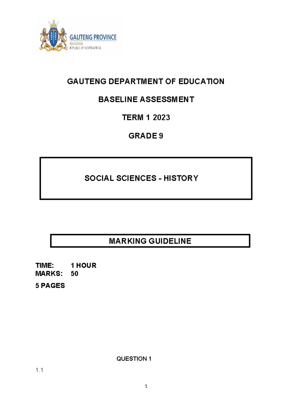 Baseline Assessment Grade 7 History Marking Guideline AND GRID Analysis ...