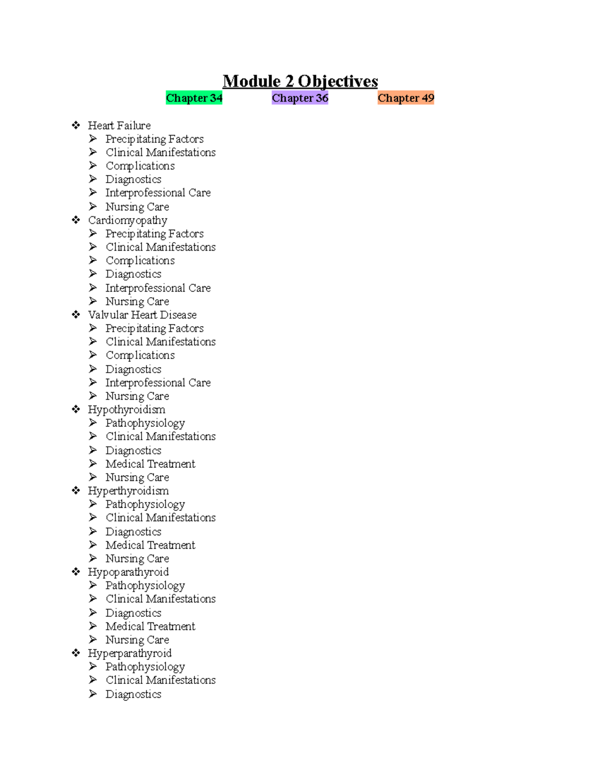 Module 2 Objectives - Module 2 Objectives Chapter 34 Chapter 36 Chapter 49 Heart Failure - Studocu
