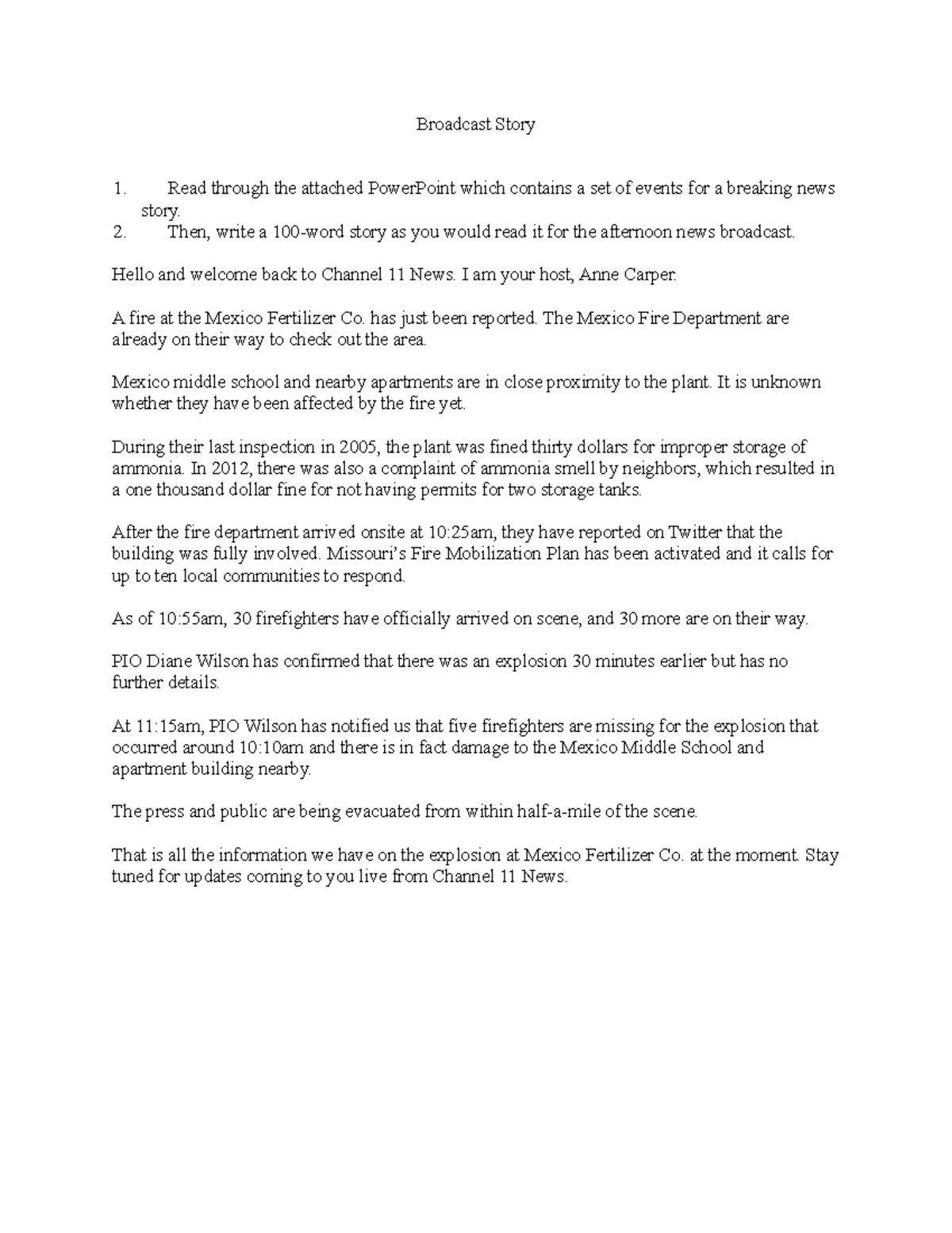 Broadcast Story - Broadcast Story Read through the attached PowerPoint ...