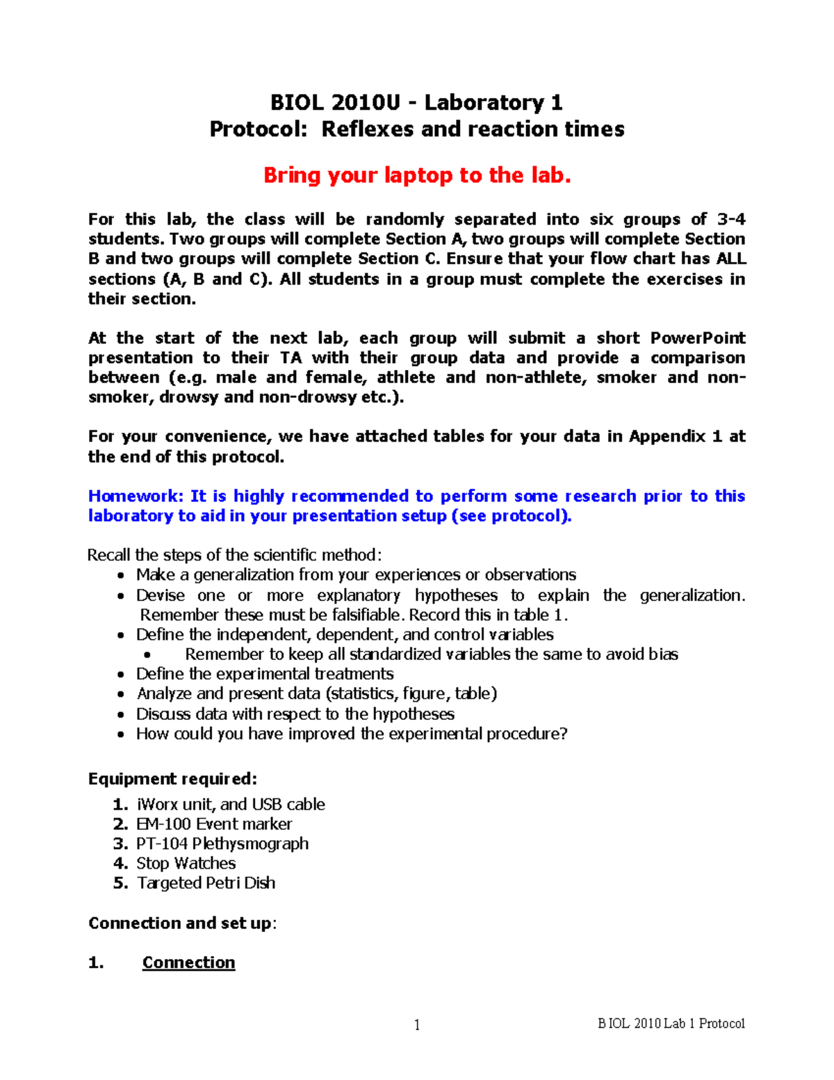Lab 1 human physiology lab 1 mandatory - BIOL 2010U - Laboratory 1 ...