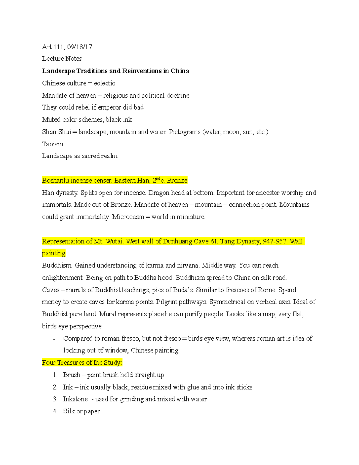 Art lecture notes, chinese art - Art 111, 09/18/ Lecture Notes ...