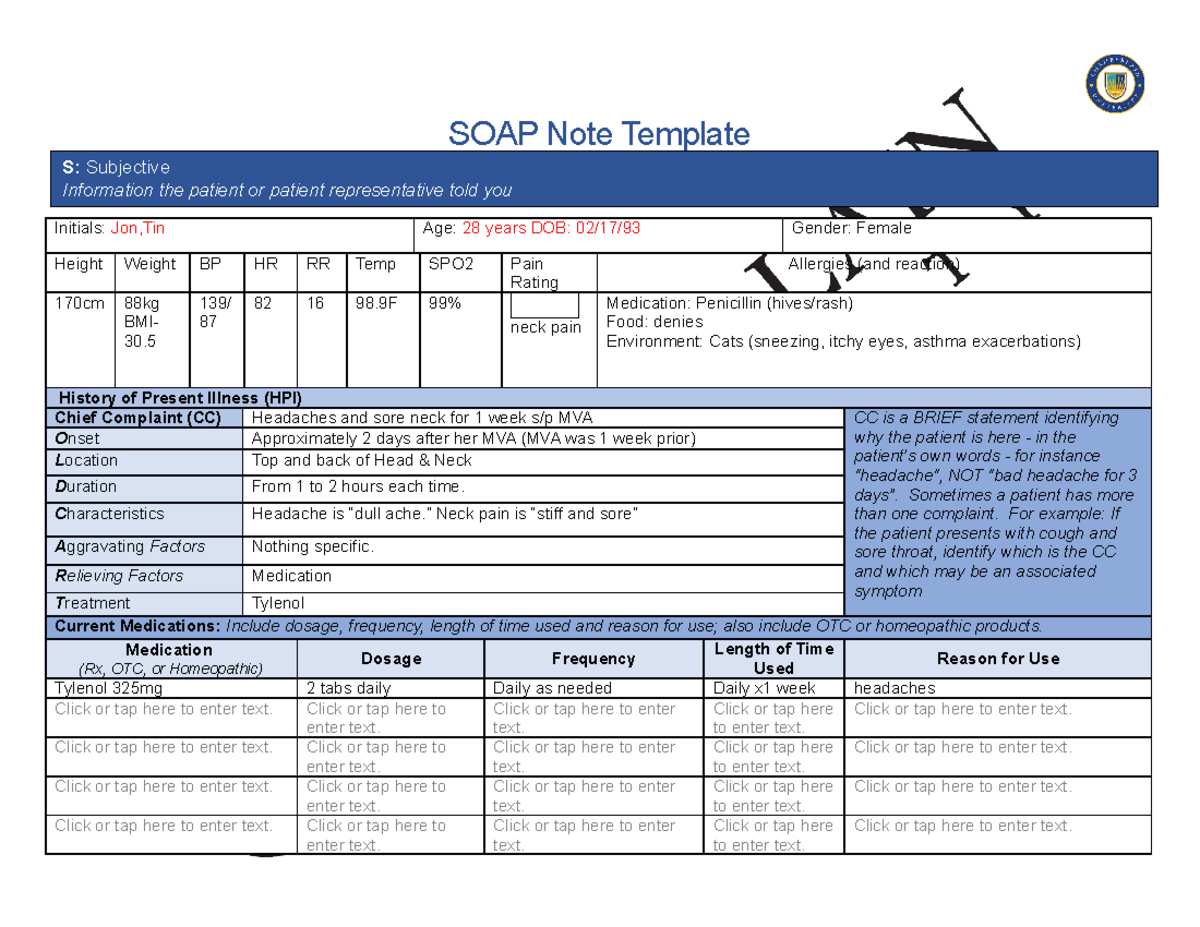 NR 509 SOAP Note week3 Tina Jones - SOAP Note Template Initials: Jon ...
