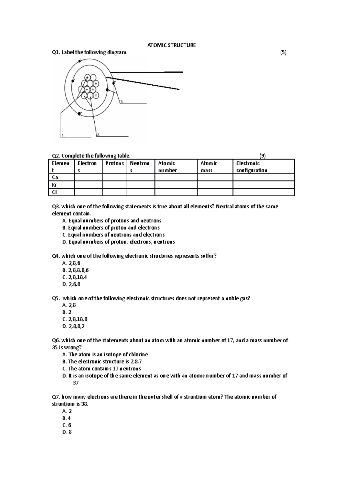 atomic structure worksheet - ATOMIC STRUCTURE Q1. Label the following ...