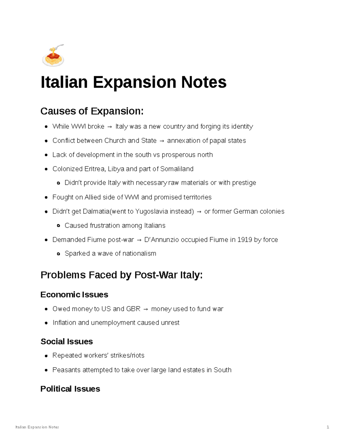 Italian expansion - 🍝 Italian Expansion Notes Causes of Expansion ...