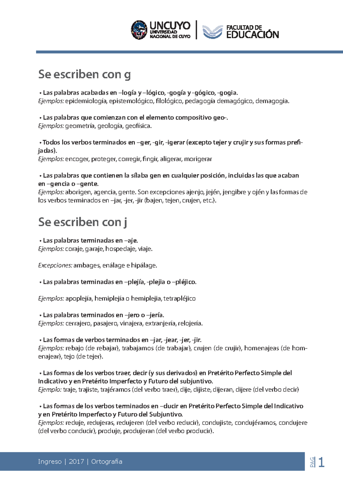 El uso de la g y j 2016-12-05-990 - Ingreso | 2017 | Ortografía 1 PAG ...