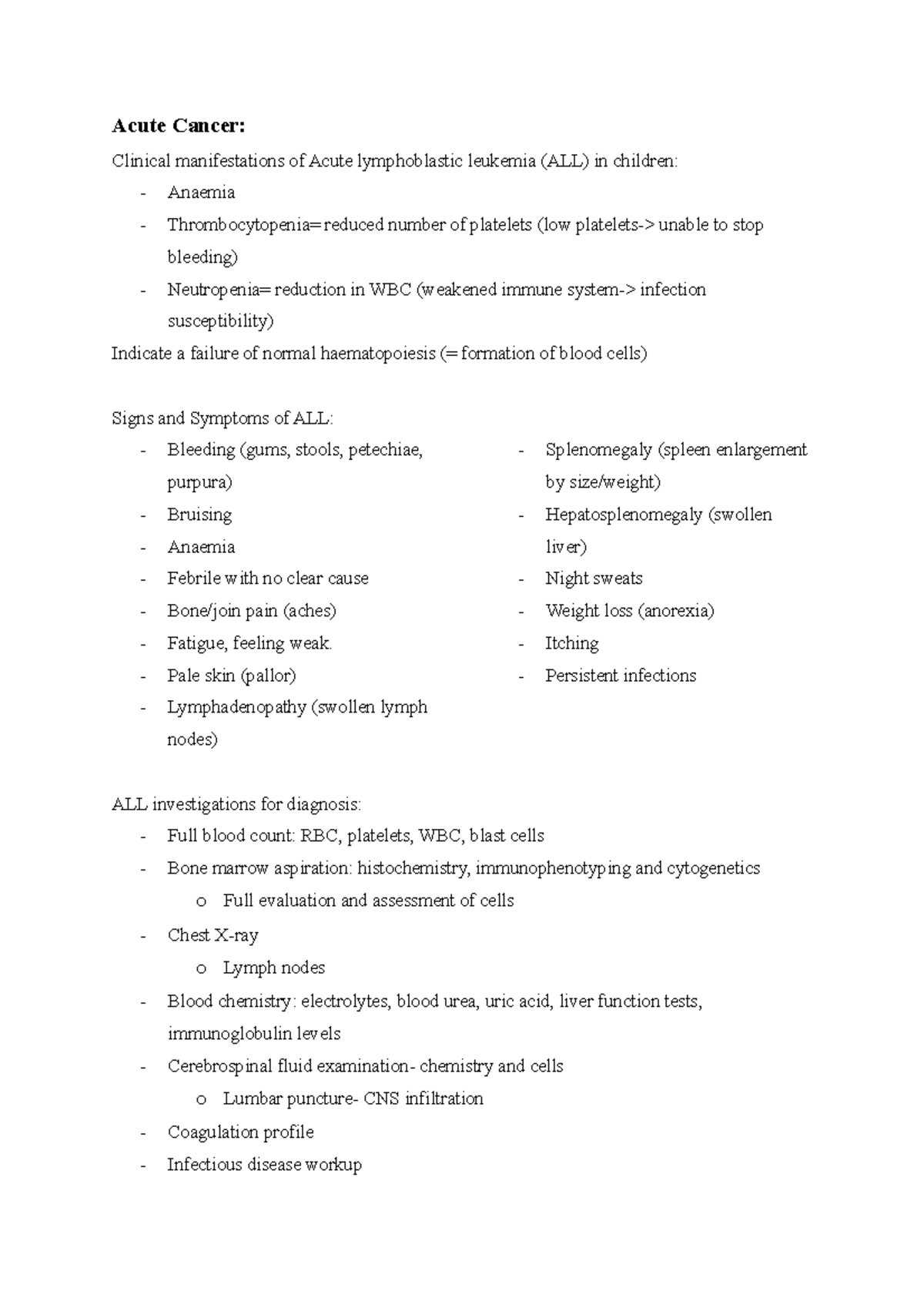 NSB236 Tutorial Notes - Acute Cancer: Clinical manifestations of Acute ...