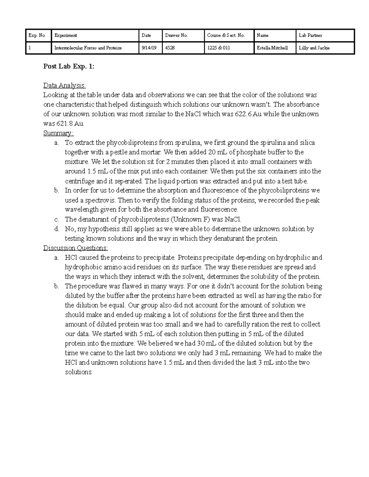 Post Lab Exp - General Chemistry II Lab Post Lab assignment for exp. 1 ...