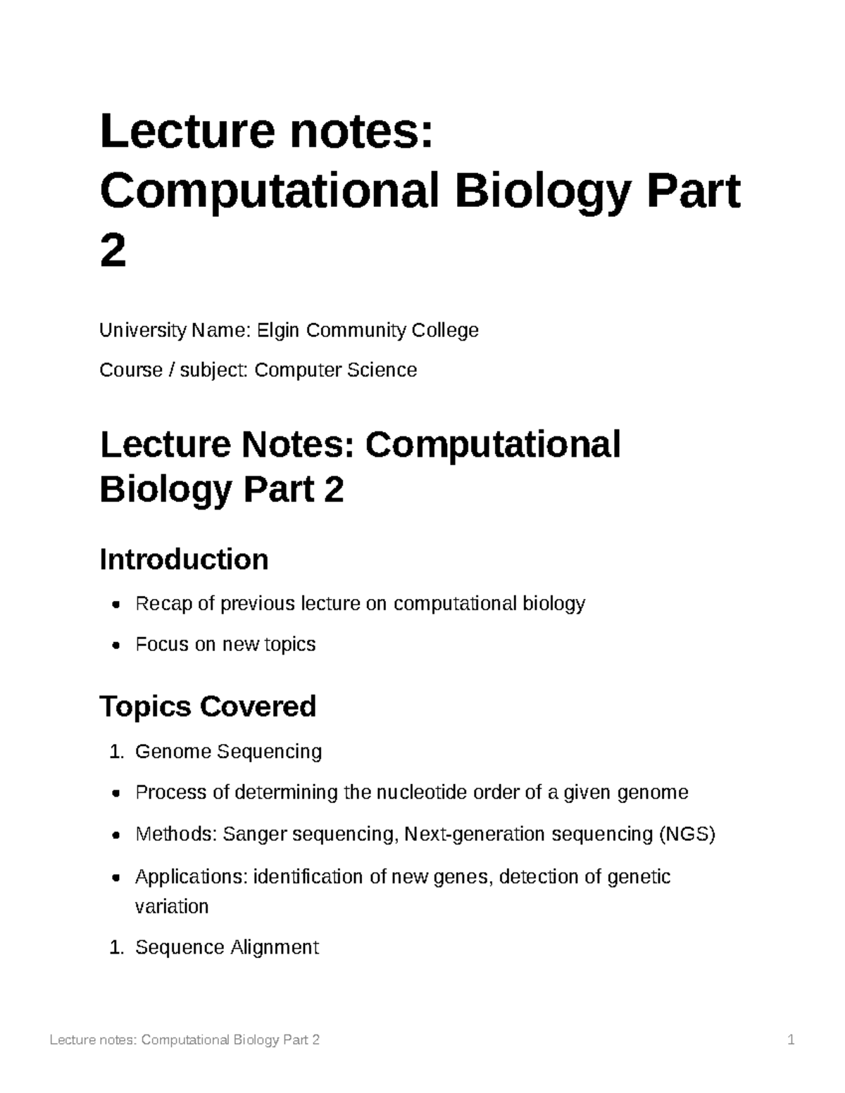 Lecture Notes Computational Biology Part 2 Lecture Notes Computational Biology Part 2