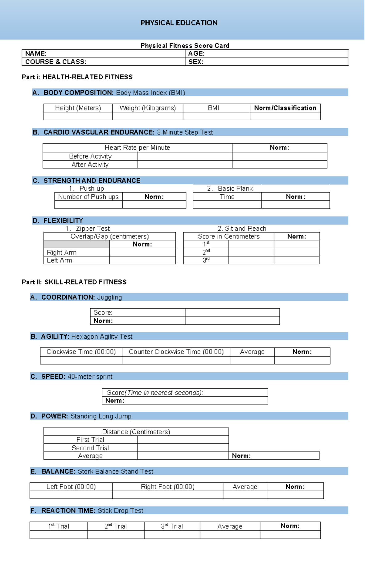 Physical Fitness Score Card - PHYSICAL EDUCATION Physical Fitness Score ...