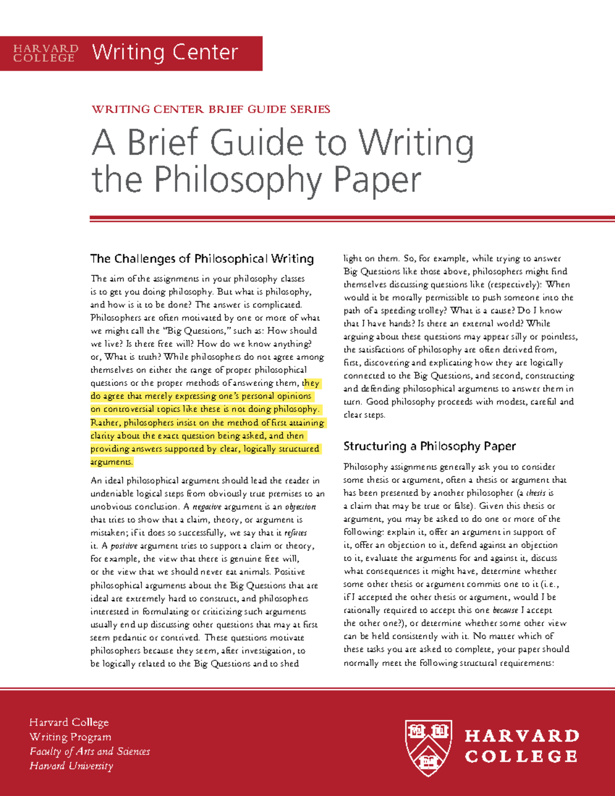 Harvard Brief Guide to Writing a Philosophy Paper - HARVARD COLLEGE ...