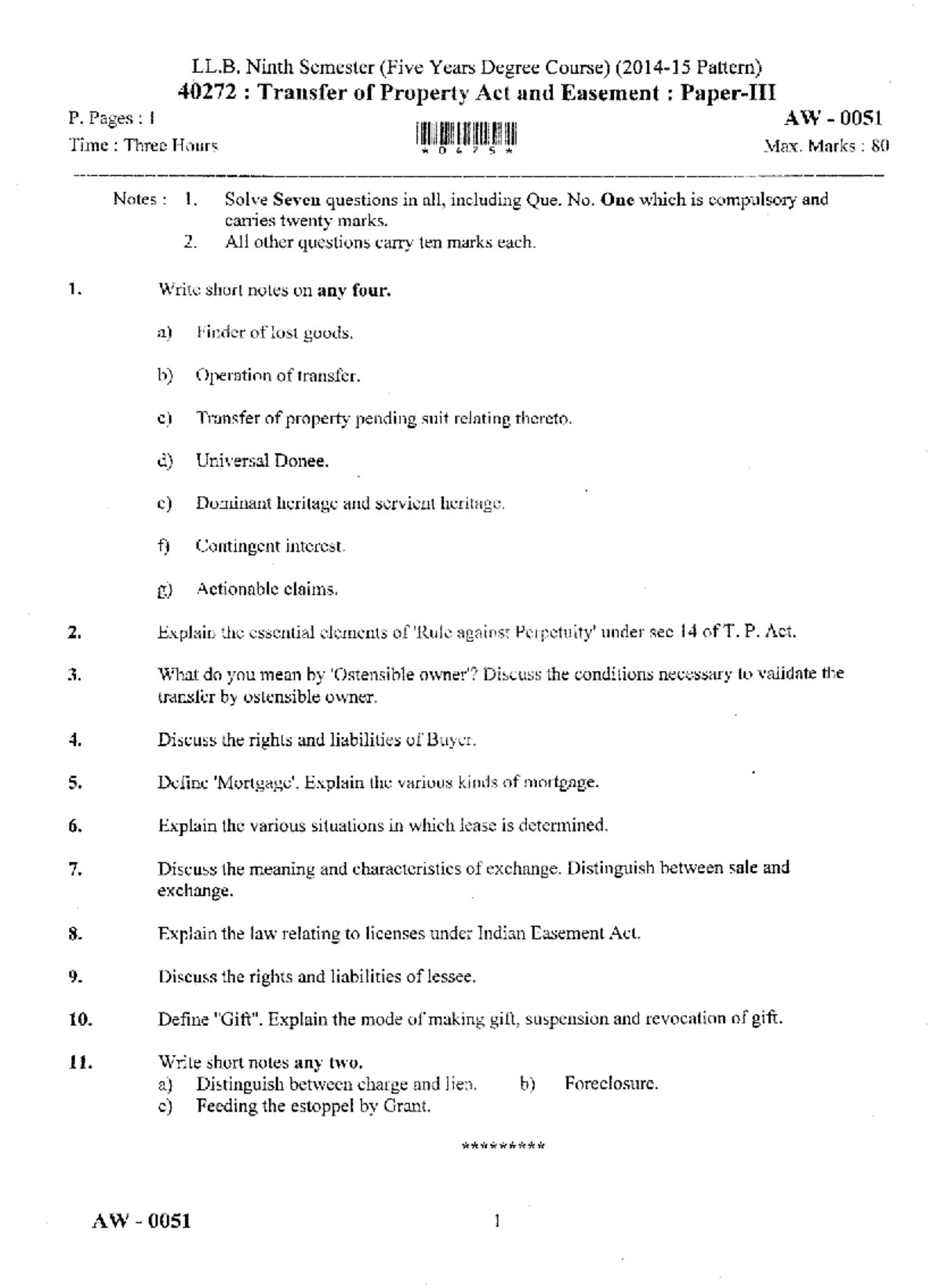 Llb 5y 9 sem transfer of property act n easement s 2019 - LL. Ninth ...