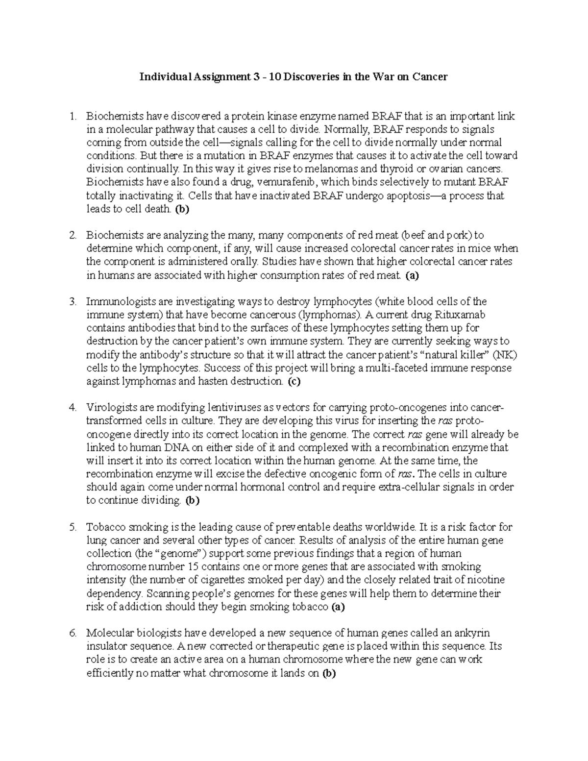 Individual Assignment 3-10 Discoveries in the War on Cancer ...