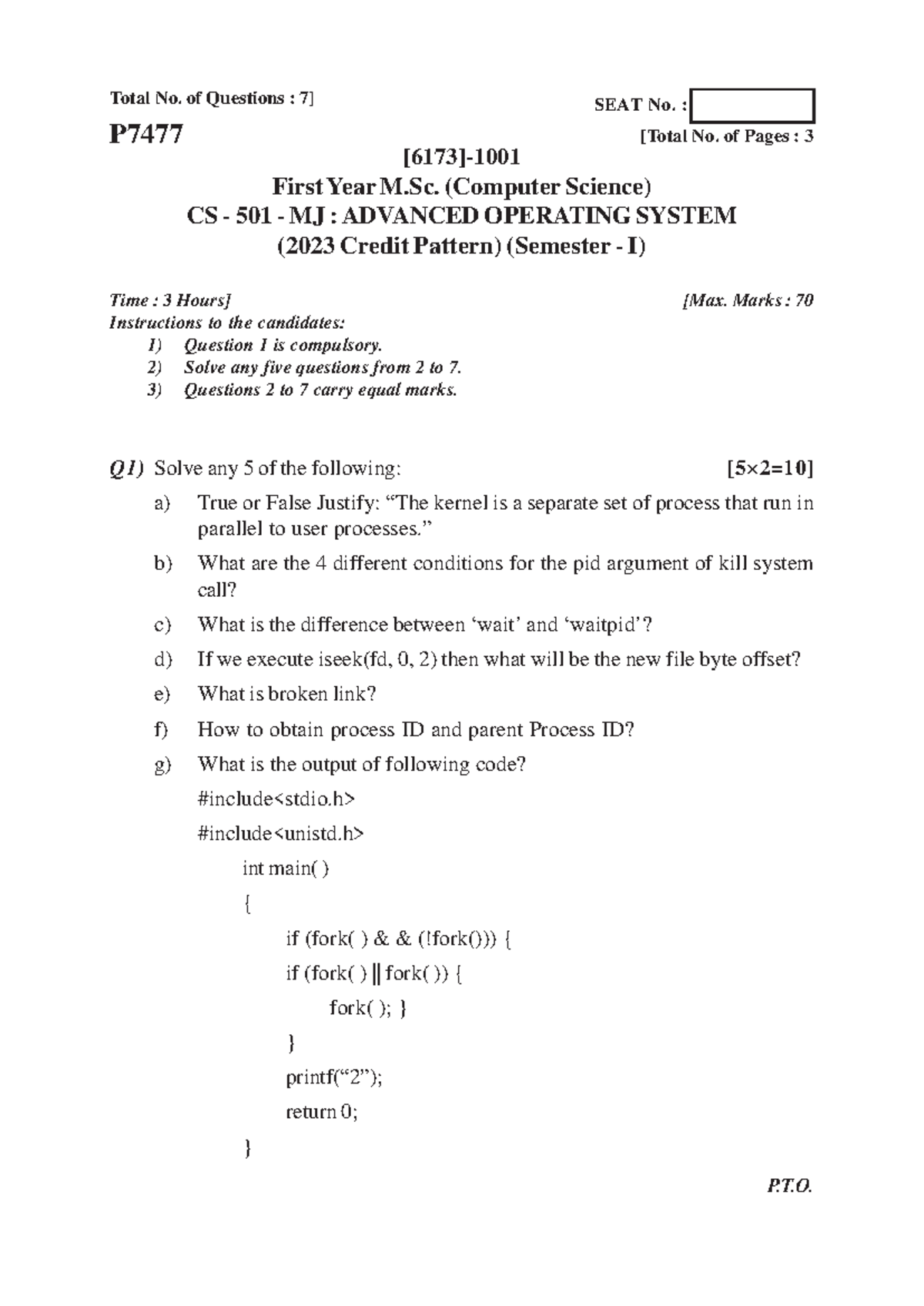 M.SC ( Computer Science ) 2023 Pattern - Total No. of Questions : 7 ...