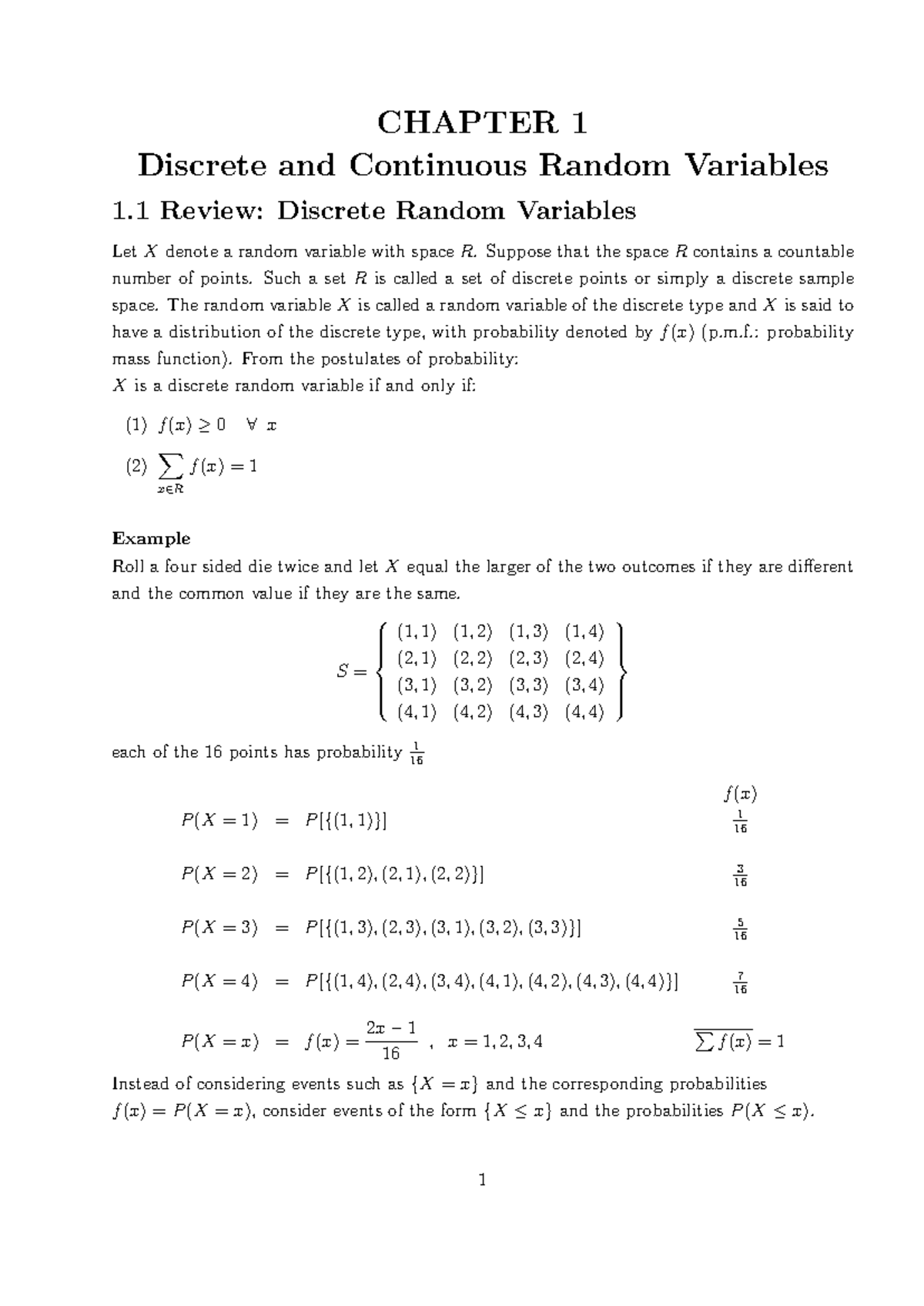 Chapter 1 - Shot notes - CHAPTER 1 Discrete and Continuous Random ...