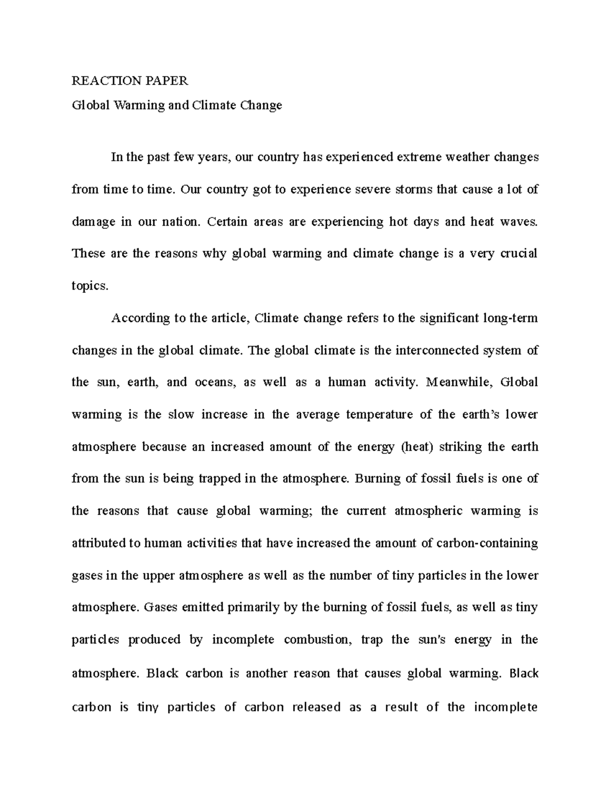Reaction Paper in Global Warming and Climate Change ( Notes 1 ...