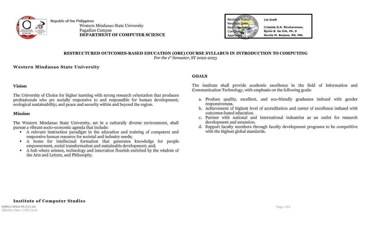 Syllabus- Introduction TO Computing - Republic of the Philippines ...