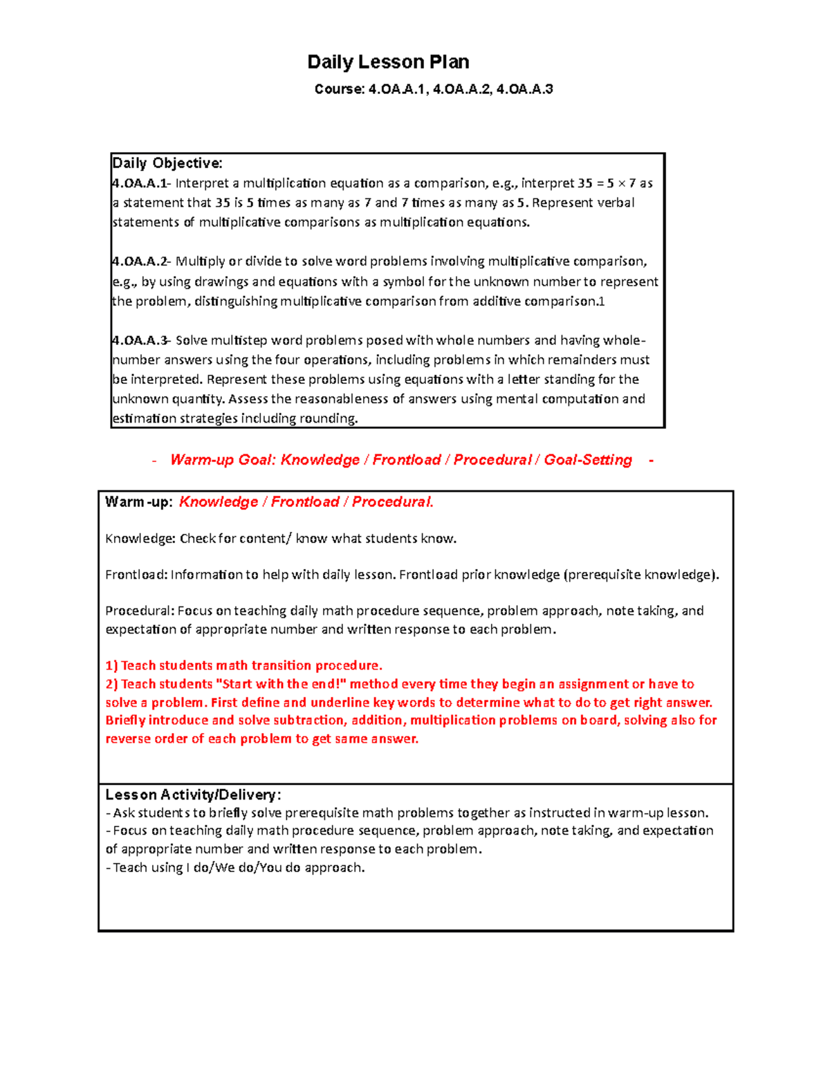 1 4th Math 4.OA - 1 4th Math 4.OA - Daily Lesson Plan Course: 4.OA.A, 4 ...