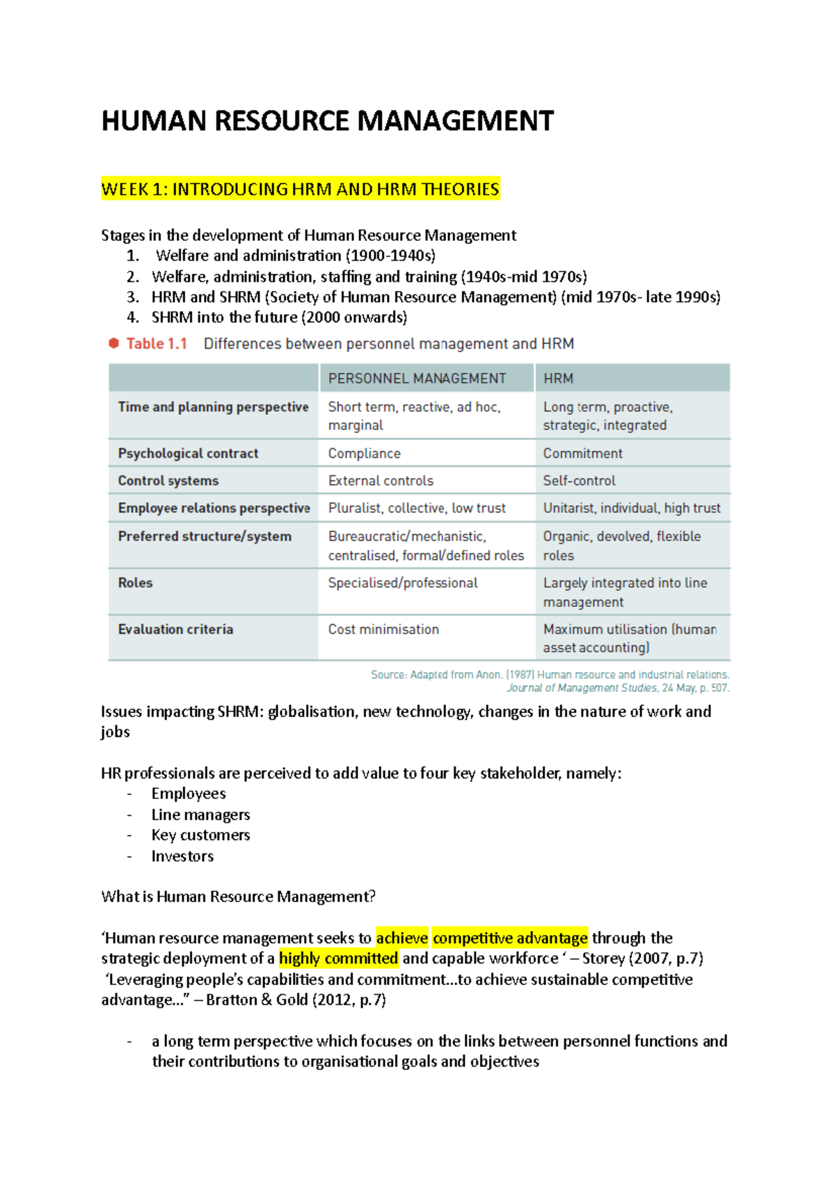 HR weekly notes - HUMAN RESOURCE MANAGEMENT WEEK 1: INTRODUCING HRM AND ...