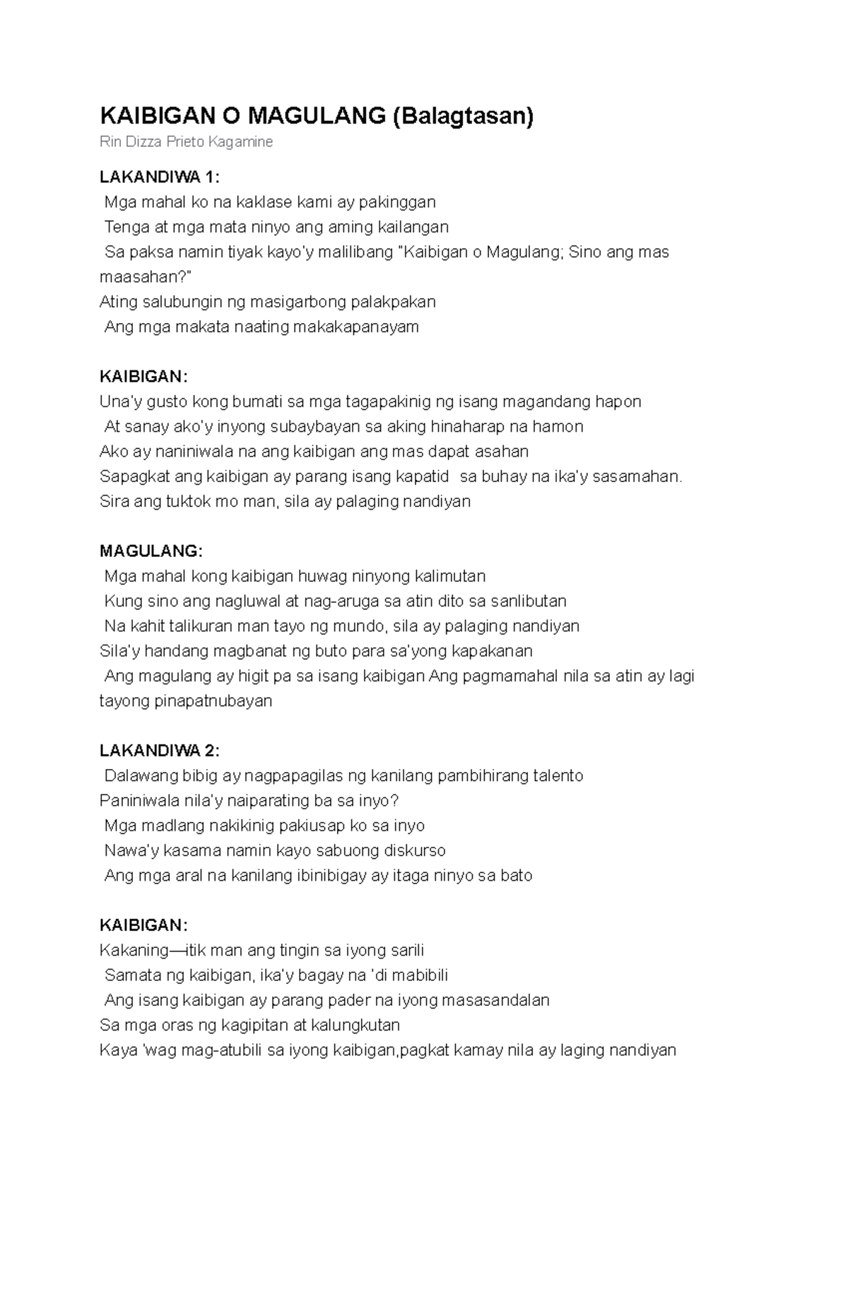 Kaibigan O Magulang - yes - KAIBIGAN O MAGULANG (Balagtasan) Rin Dizza ...