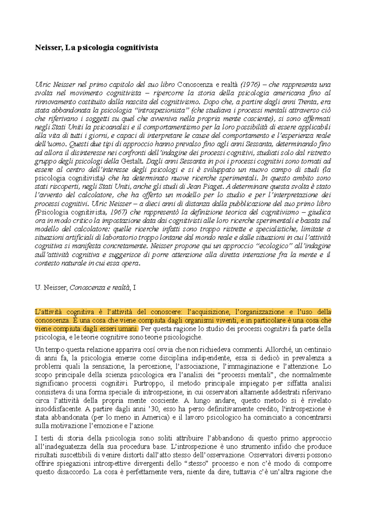 Neisser cap1 conoscenza e realta - Neisser, La psicologia cognitivista ...