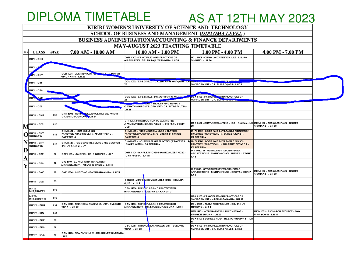 Revised Diploma Teaching Timetable JAN- April 2023 - DAY CLASS SIZE 7 ...
