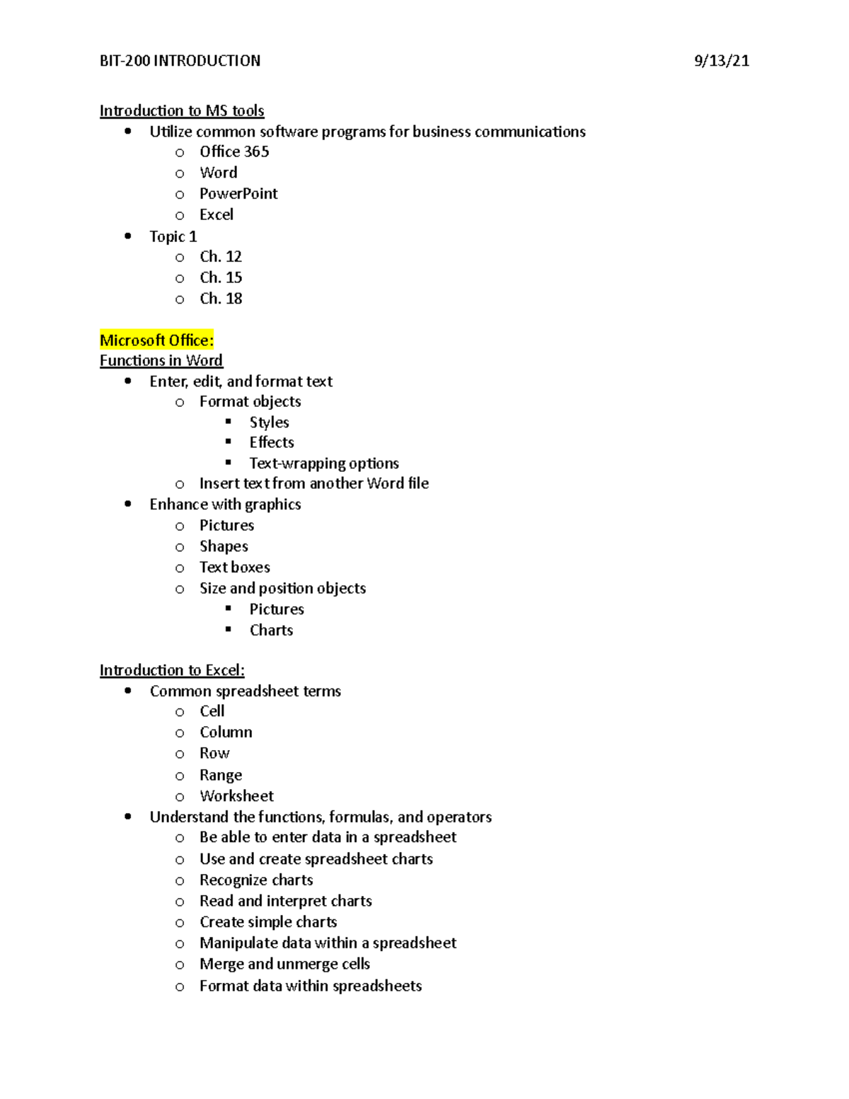 BIT200 Intro 9 13 21 notes - BIT-200 INTRODUCTION 9/13/ Introduction to ...