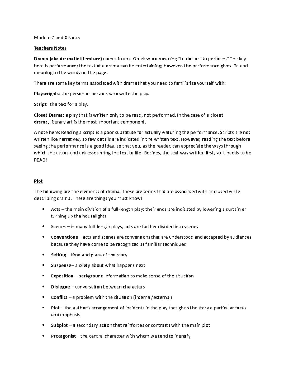 Module 7 and 8 Notes - Module 7 and 8 Notes Teachers Notes Drama (aka ...