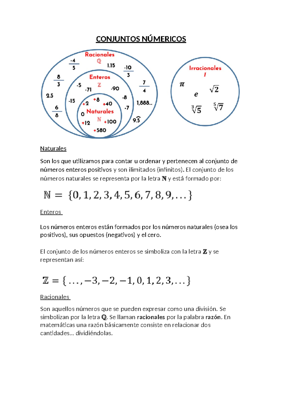 Operaciones - Descripcion de conjunto numericos, propiedades y resolucion de ejercicios ...