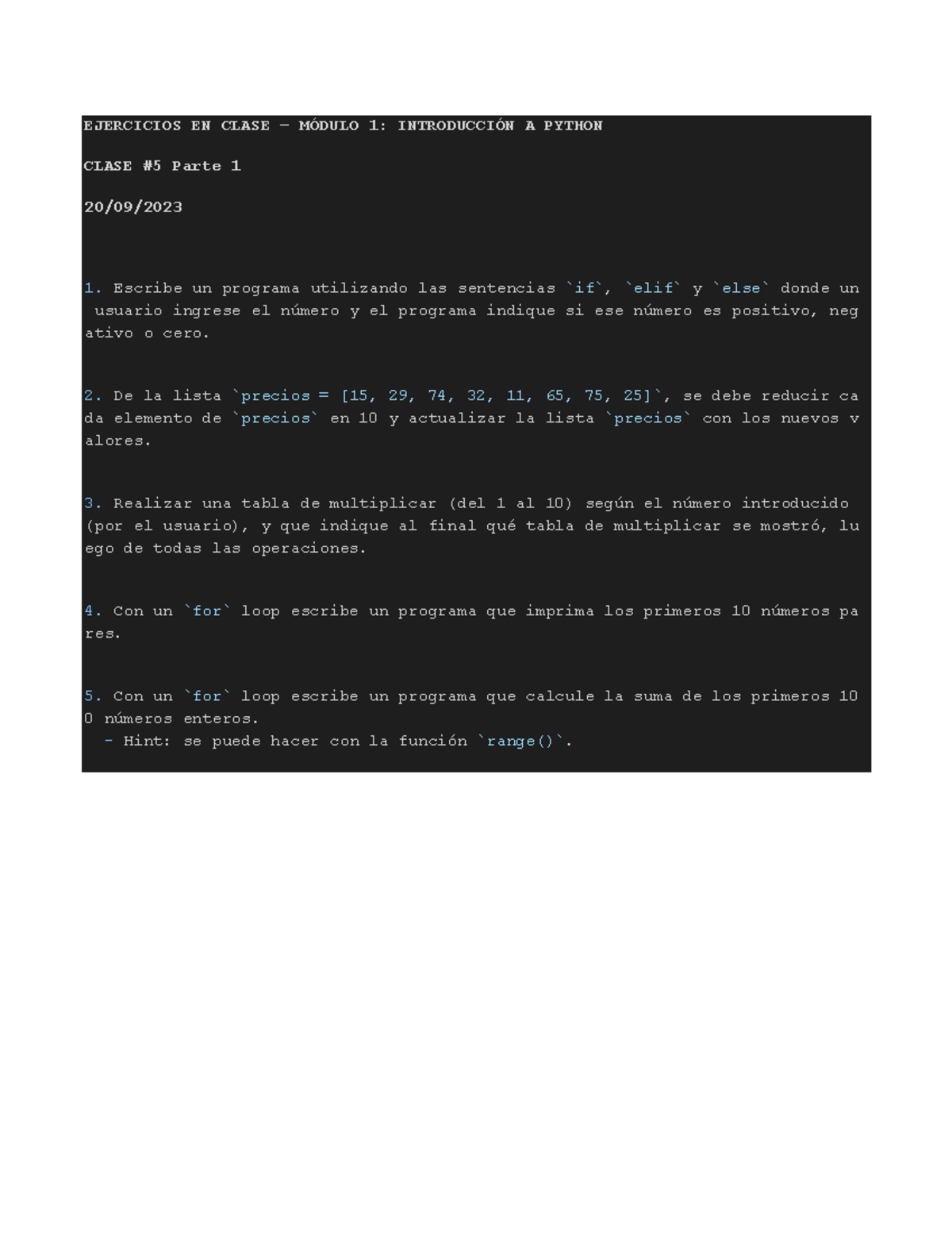 Clase #5.1 - Ejercicios en Clase - EJERCICIOS EN CLASE – MÓDULO 1 ...